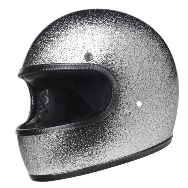 Full Face Retro Helmet - Café Racer - Glitter Silver - S | BikersDen